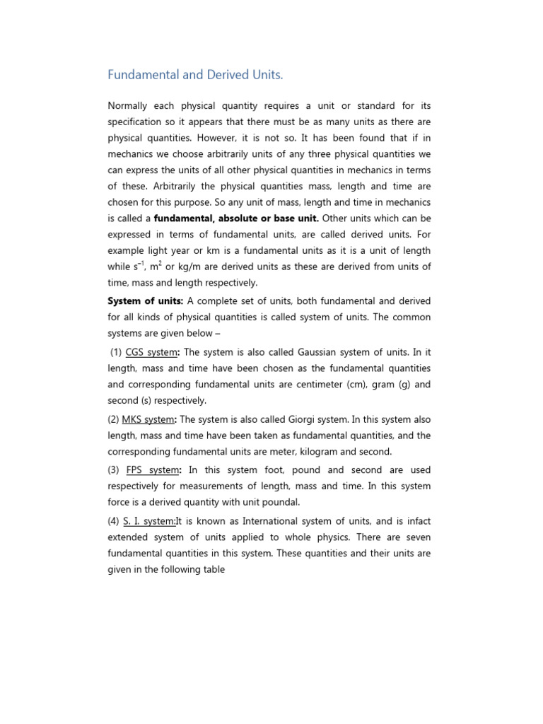 4 - JEE - Physics - Unit Dimension & Measurement - Fundamental and Derived Units | PDF ...