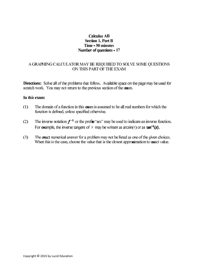 AP Calculus AB Practice Exam 2015 Part B Multiple Choice | PDF ...