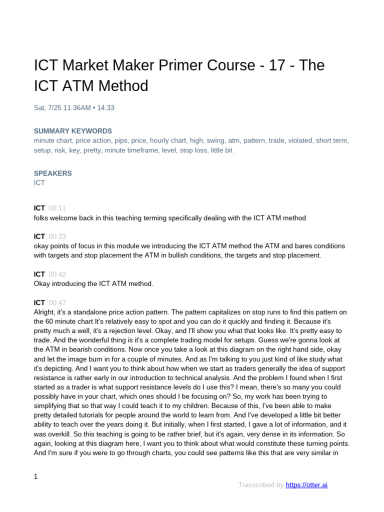 ICT Market Maker Primer Course - 17 - The ICT ATM Method | PDF | Order ...