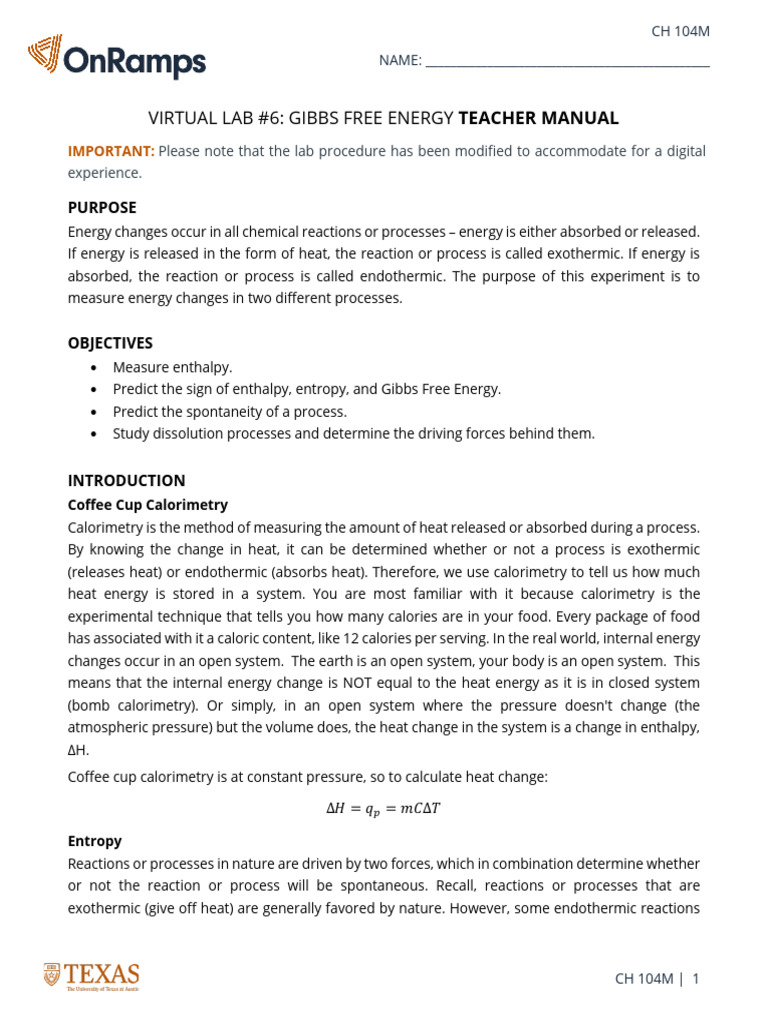 104M Lab 6 Gibbs Virtual Teacher Manual | PDF | Solvation | Entropy