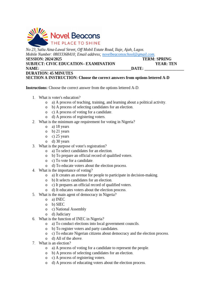 Year 10 Civic Education Examination Question | PDF | Elections | Voting