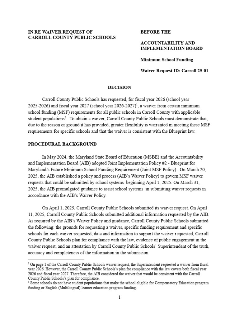 Carroll County MSF Waiver Request 25-01 Decision | PDF | Teachers | Justice