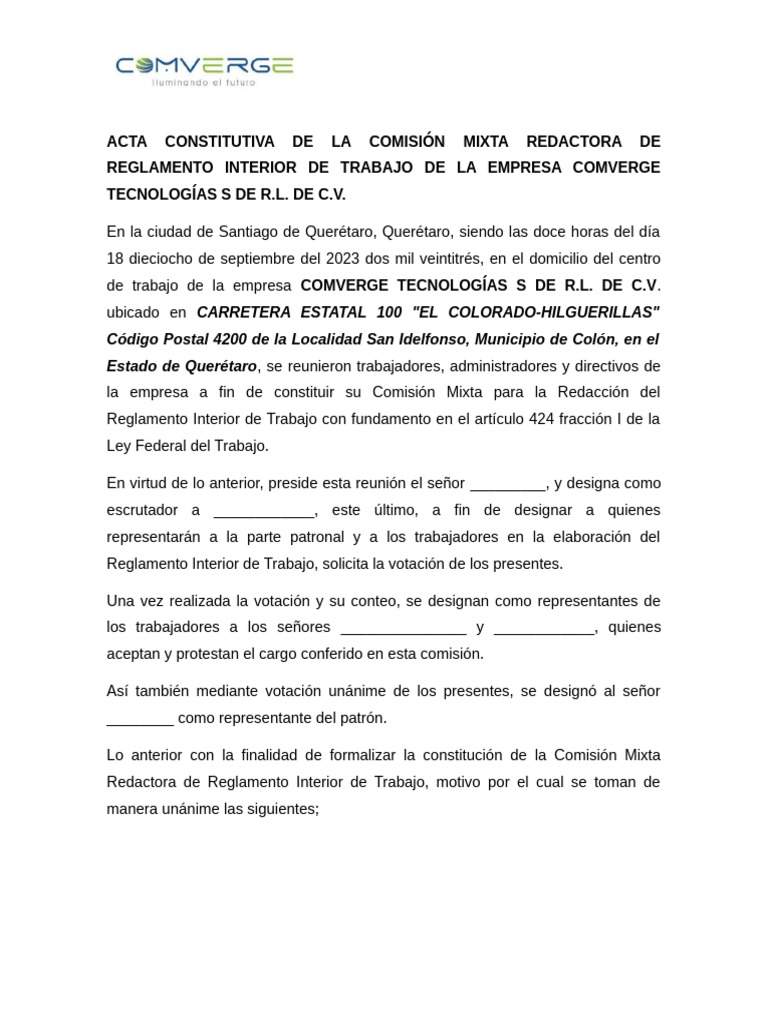 Acta de Comisión Mixta Redactora de Rit - Comverge Tecnologías | PDF ...