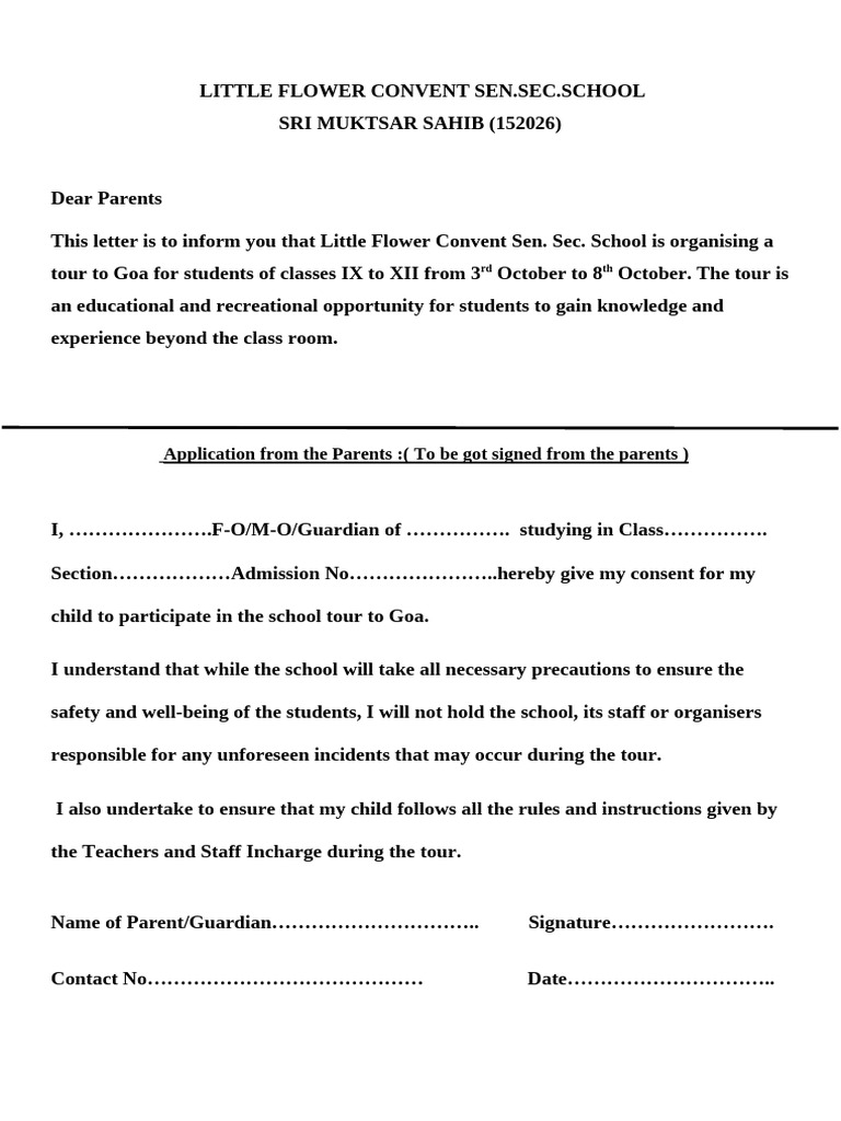 Consent and Instructions for Goa Tour | PDF