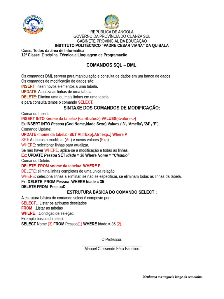 Conteúdo Base de Dados DML - Actualizado | PDF