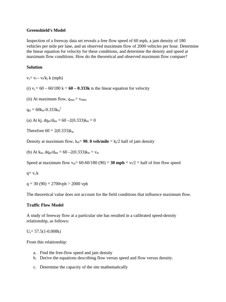 Greenshield Models Examples | PDF | Equations | Physics