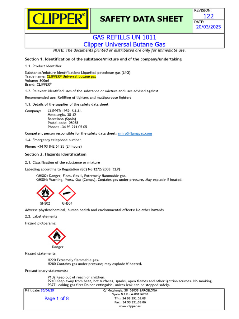 Safety Data Sheet - Clipper Universal Butan Gas Refills UN 1011 122 (En ...