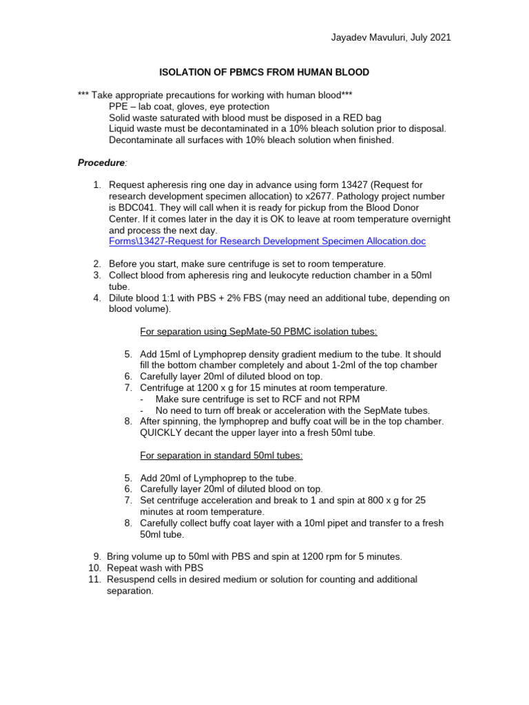 Isolation of PBMCs From Human Blood | PDF | Centrifuge | Blood