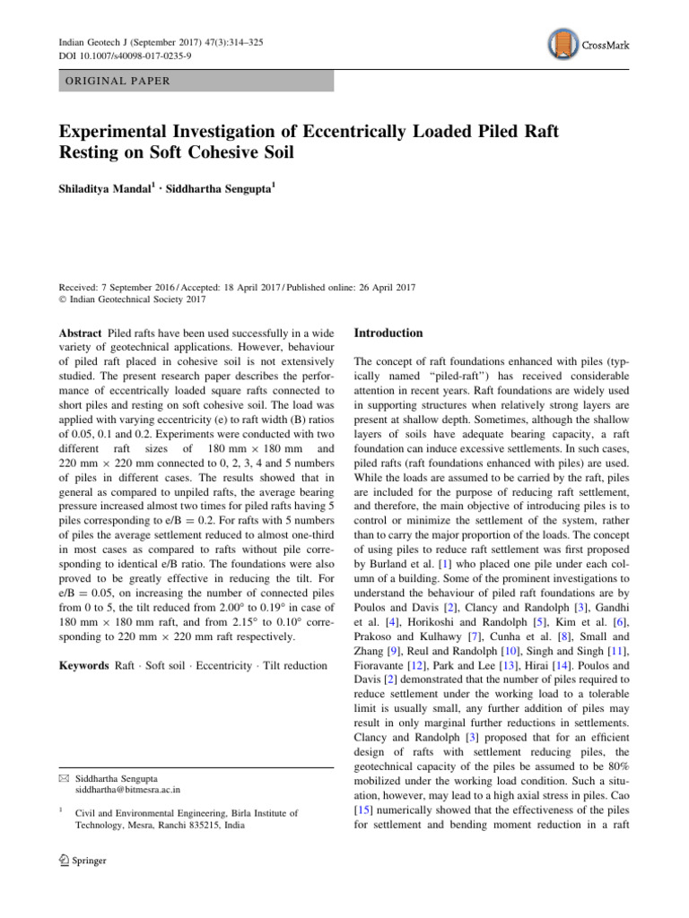 Mandal & Sengupta (2017) Experimental Investigation of Eccentrically Loaded Piled Raft Resting ...