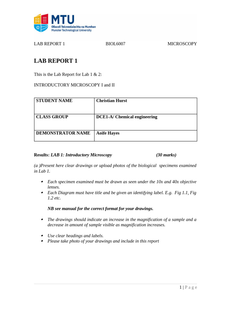 BIOL6007 Lab Report 1 Microscopy - 2 - Christian | PDF | Microscope ...