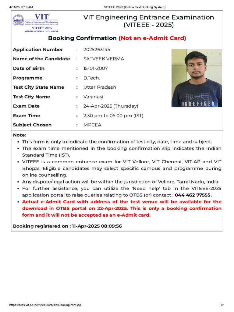 VITEEE 2025 (Online Test Booking System) | PDF