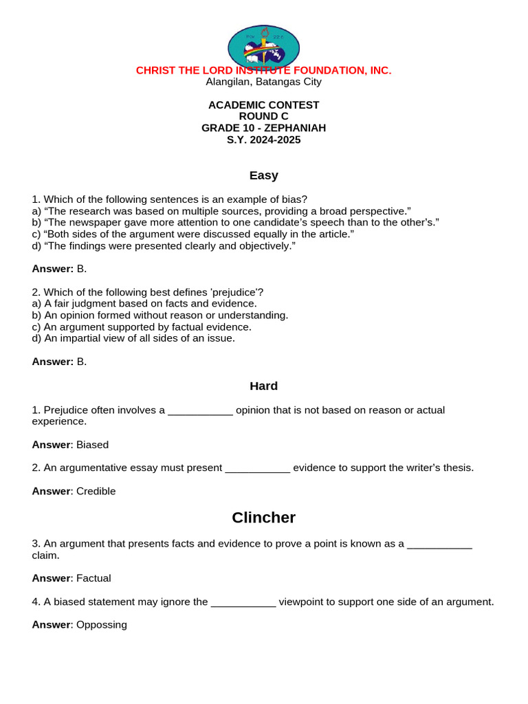 Academic Contest ROUND C Grade 10 | PDF | Bias | Argument