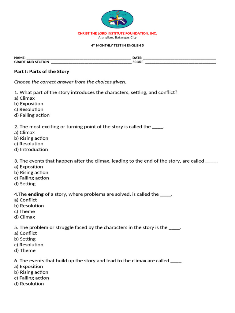 English 5 Monthly Test: Story Elements | PDF | Plot (Narrative)