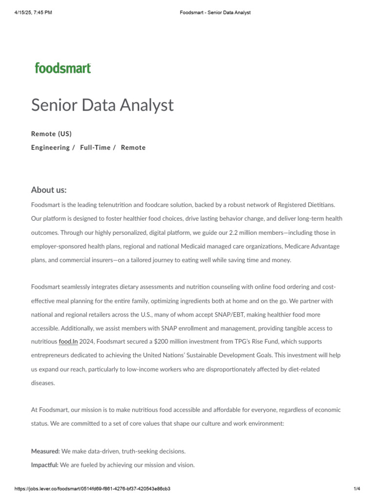 Foodsmart - Senior Data Analyst | PDF | Data Analysis | Data