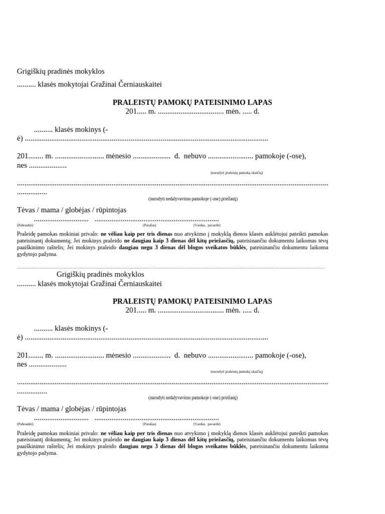 Praleistc5b3 Pamokc5b3 Pateisinimo Lapas | PDF