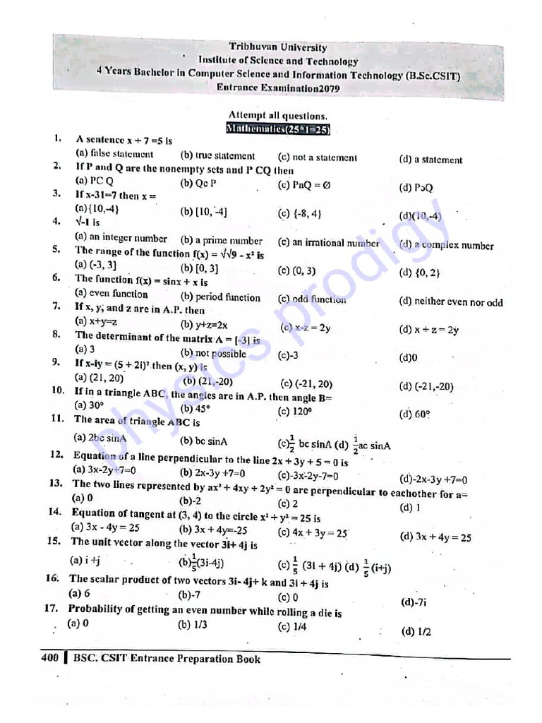 BSC - Csit Entrance Model Questions | PDF