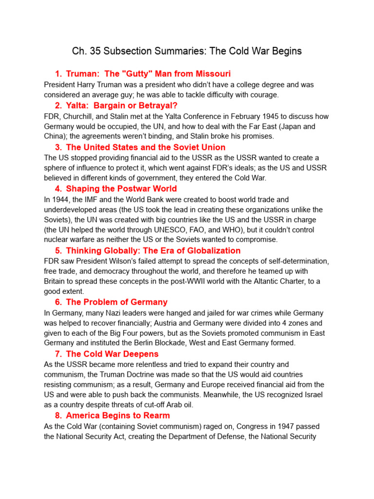 Ch. 35 Subsection Summaries (20 Subsections in The Chapter) | PDF | Cold War | Harry S. Truman