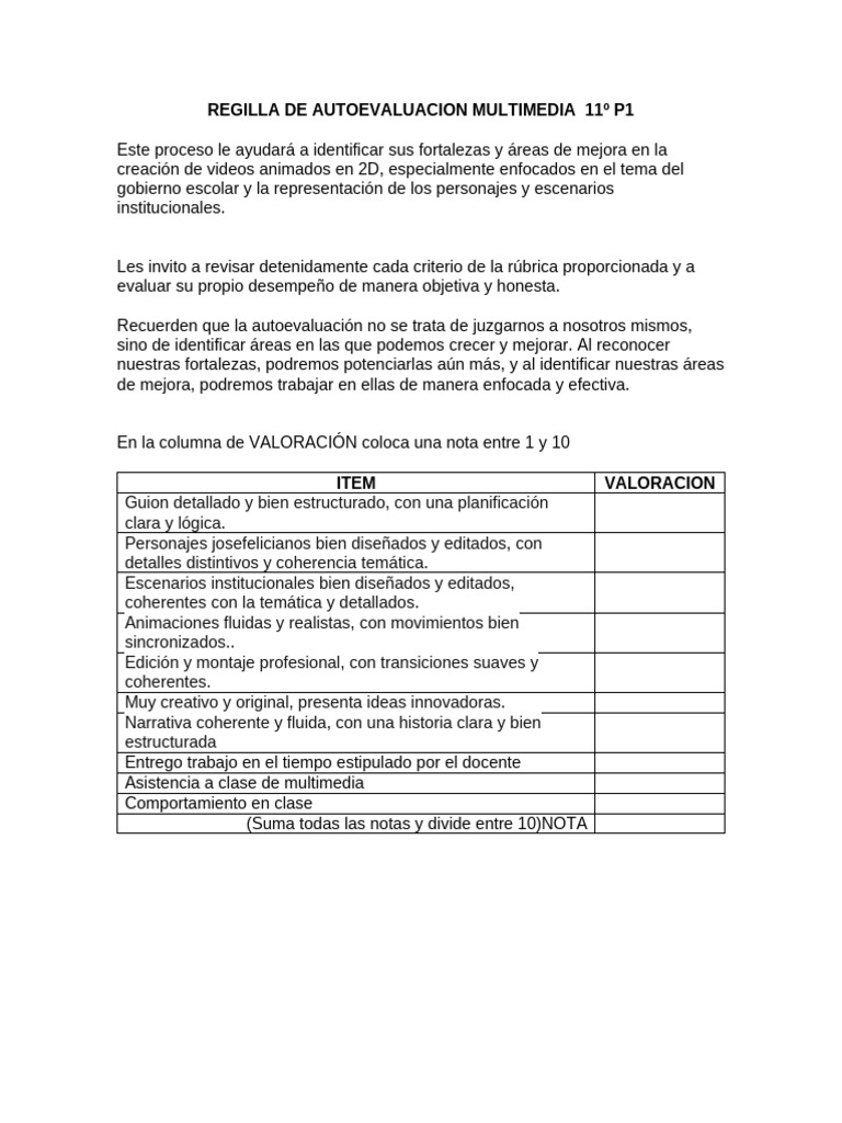 Regilla de Autoevaluacion Multimedia11º p1 | PDF