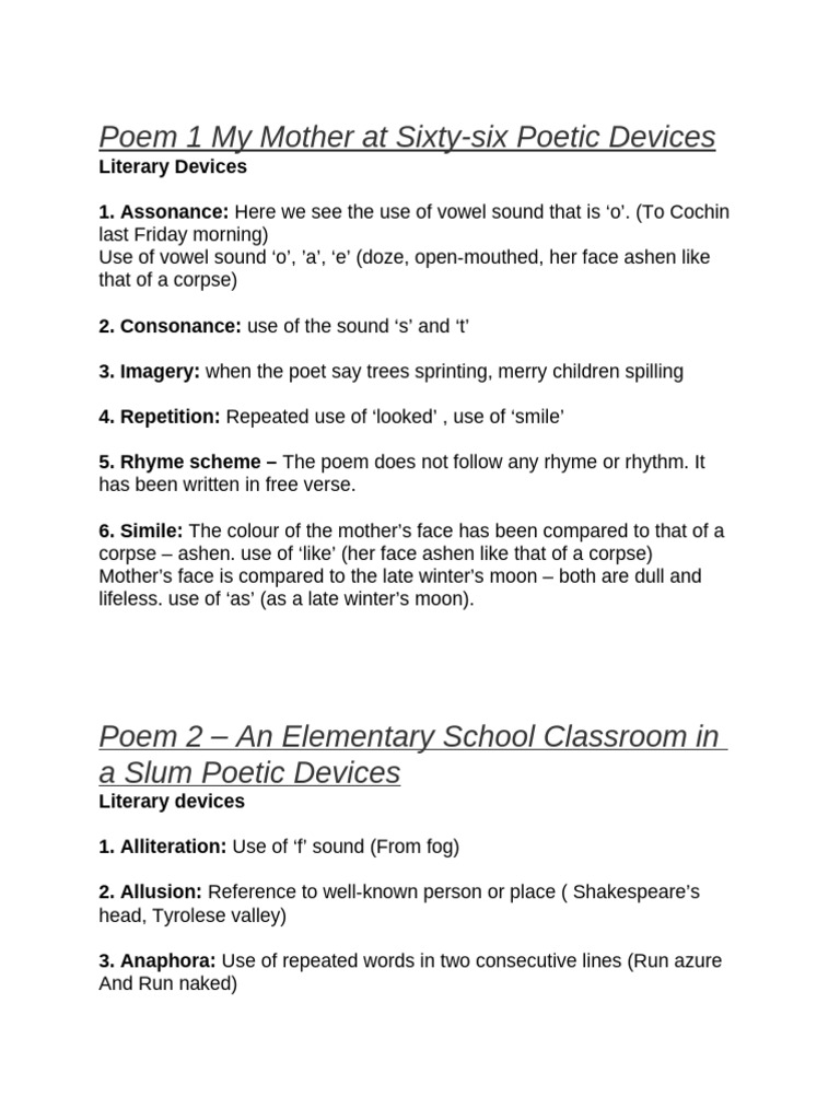 Poetic Devices in Class 12 Poems | PDF | Poetry | Rhyme