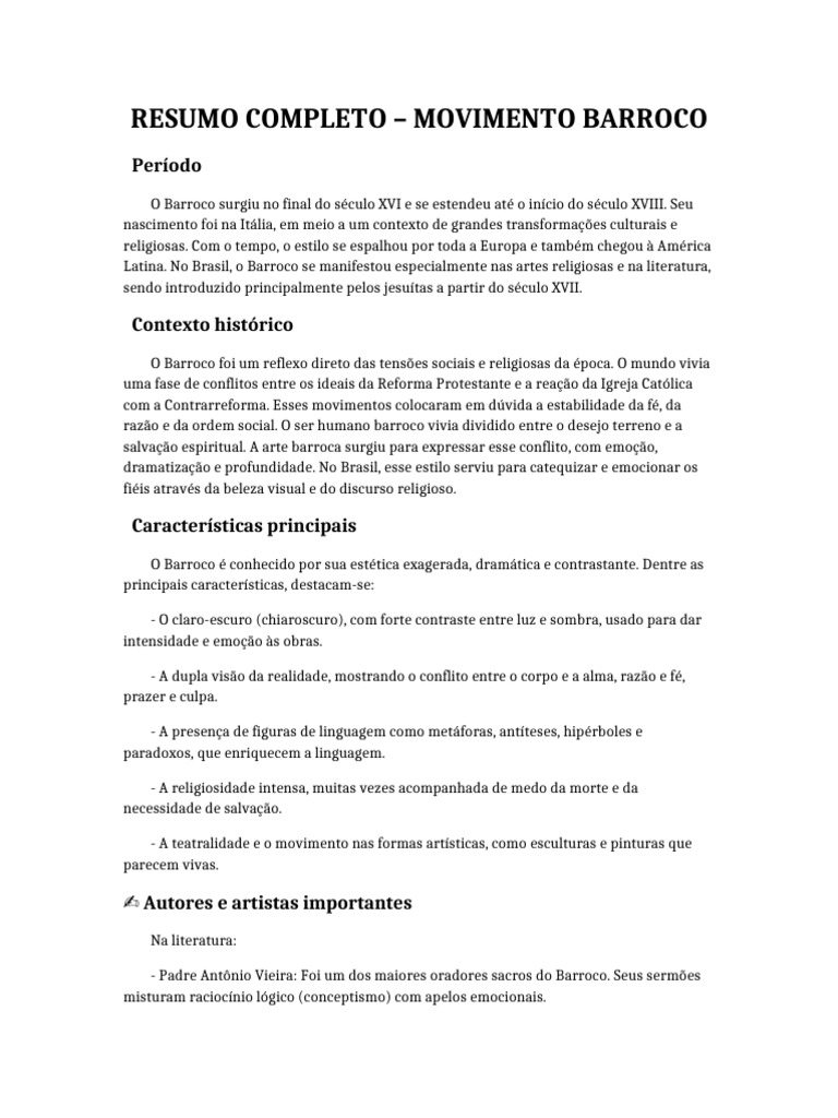 Resumo Completo Barroco | PDF | Barroco | As artes