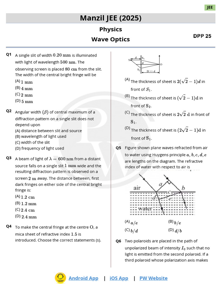 DPP 25 - Wave Optics - Manzil JEE 2025 | PDF | Diffraction | Wavelength