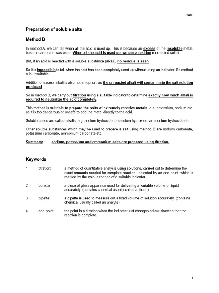 Titration Method for Salt Preparation | PDF | Titration | Chemistry