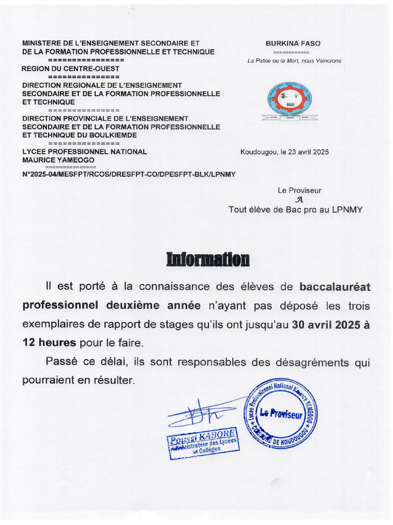 Delai de Dépot Des Rapports de Stages BAC PRO | PDF