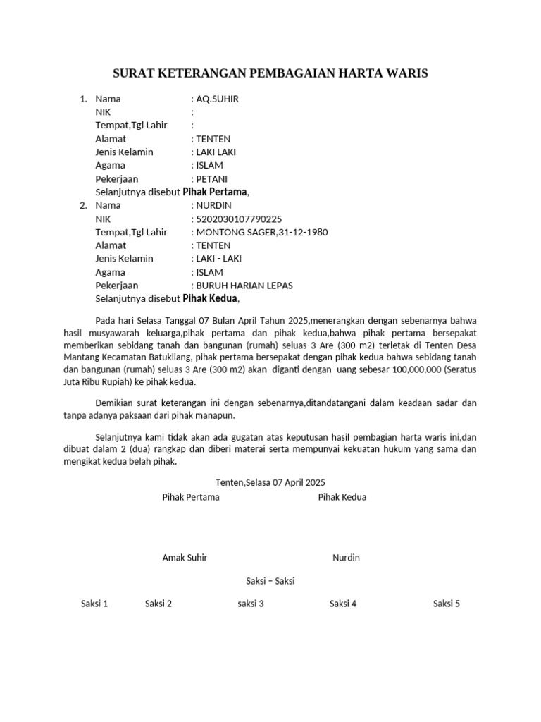Surat Keterangan Pembagaian Harta Waris | PDF