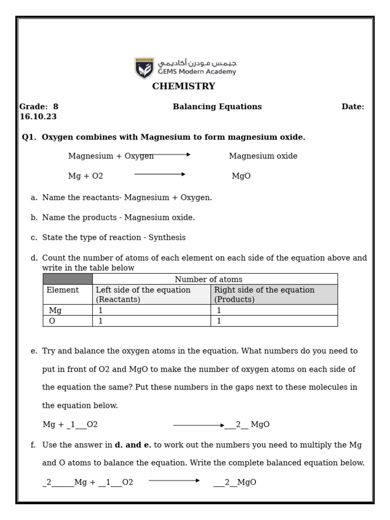 Balancing Equations - Assignment - Grade 7 | PDF | Magnesium | Oxide