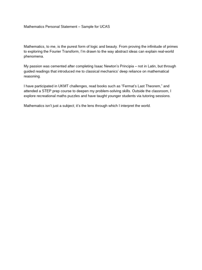 Mathematics Personal Statement – Sample for UCAS | PDF