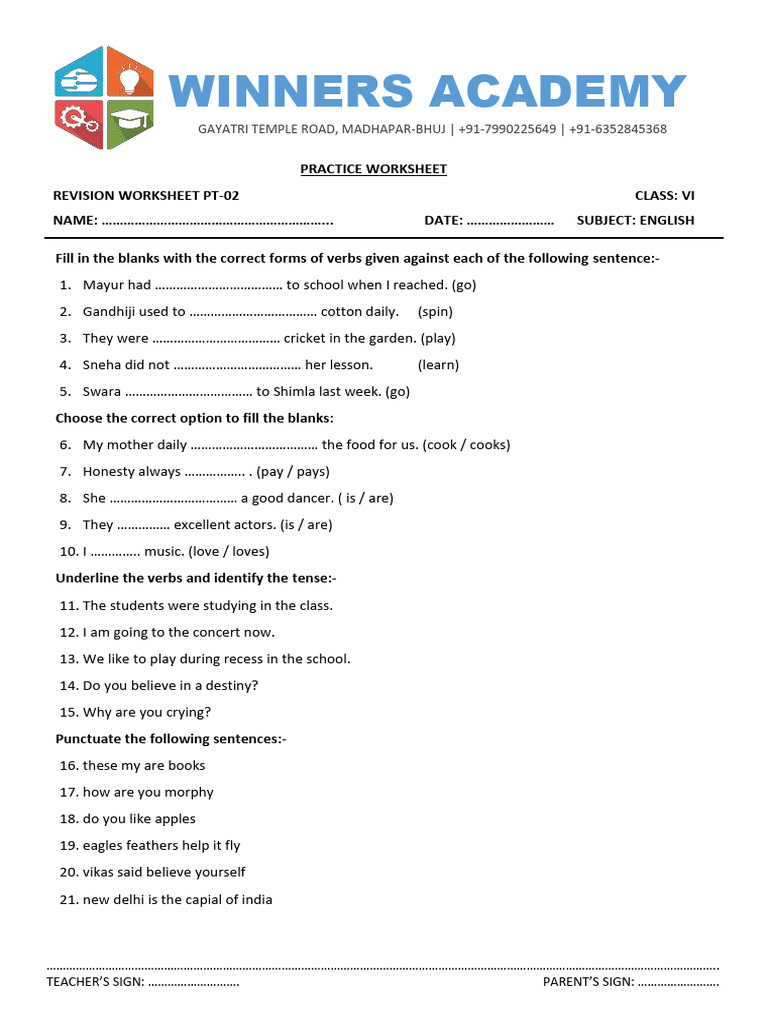 English Revision Worksheet Class Vi (Aps) | PDF