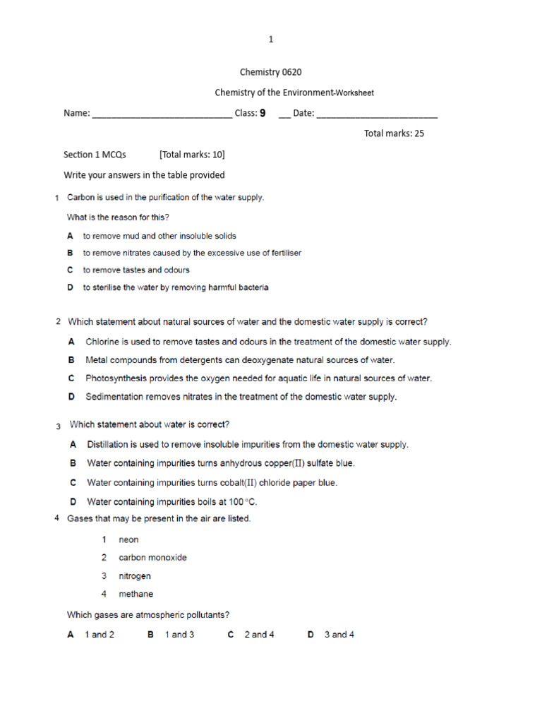 Chemistry of The Environment - Worksheet | PDF