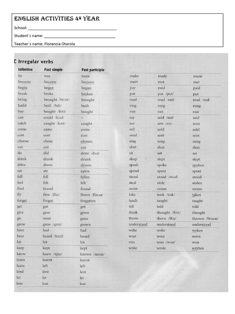 Past Simple Tense Activities for 4th Year | PDF