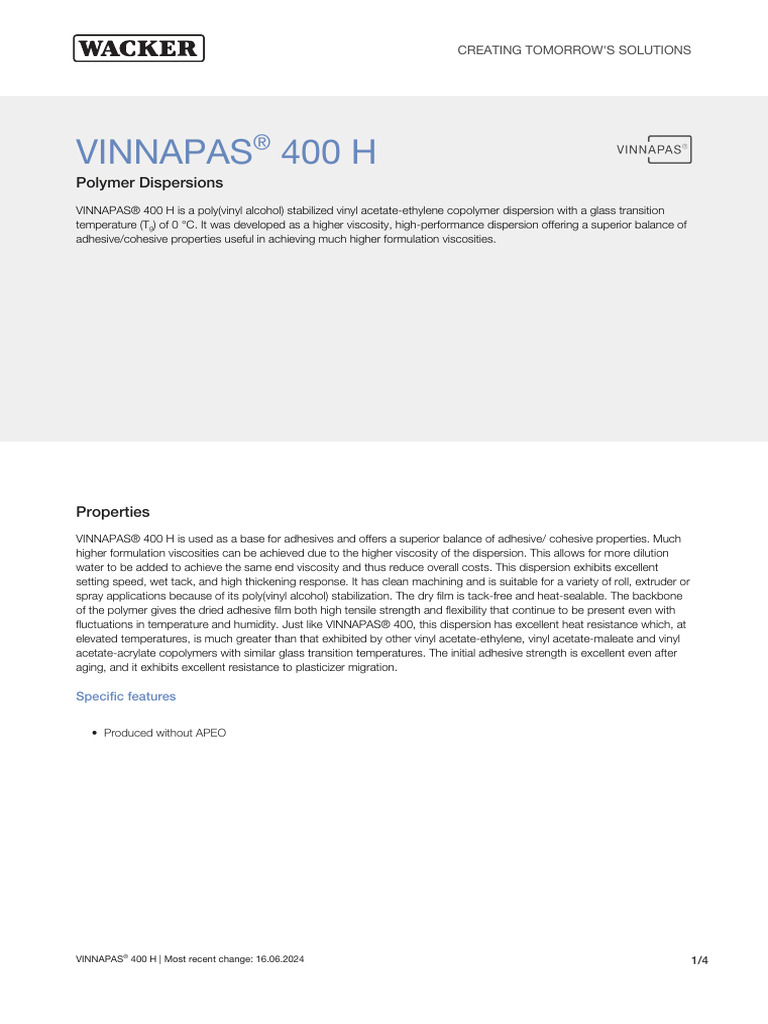 VINNAPAS 400 H en 2024.06.16 | PDF | Adhesive | Polyvinyl Chloride