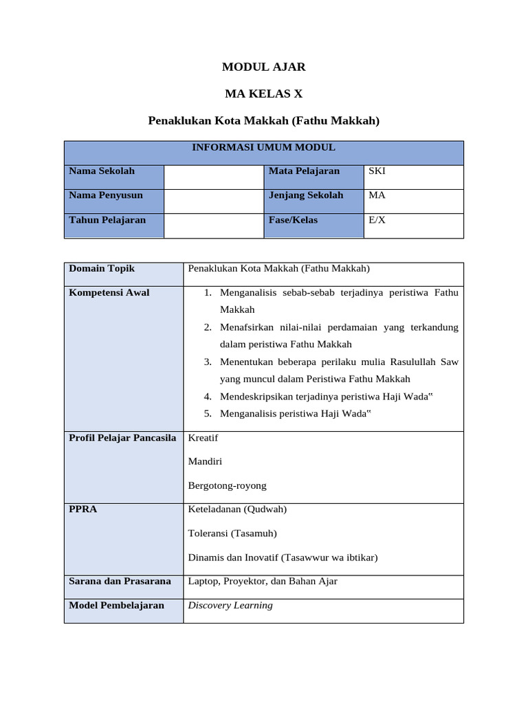 Modul Ajar-Fase E-Kelas X - SKI-Penaklukan Kota Makkah (Fathu Makkah) | PDF