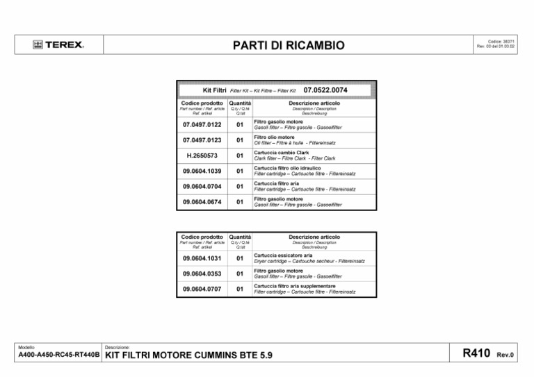 A450 Terex Bendini Filtros | PDF