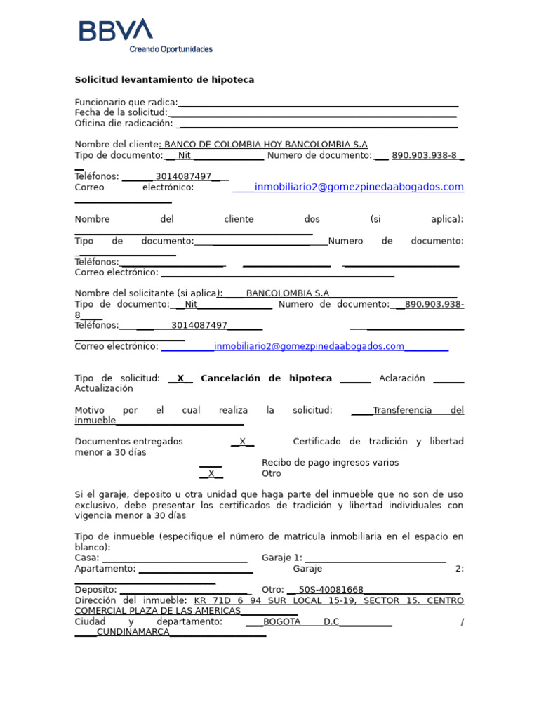 Solicitud Levantamiento de Hipoteca BBVA - CIMCOL | PDF | Bancario