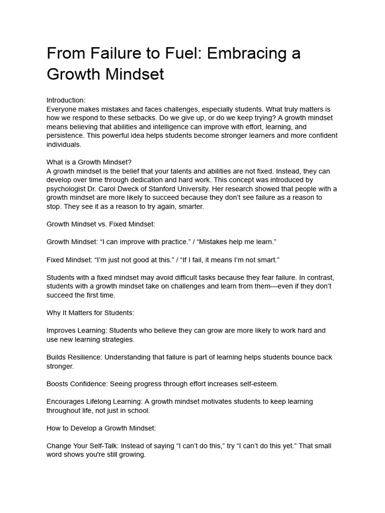 Embracing A Growth Mindset | PDF | Mindset | Cognitive Psychology