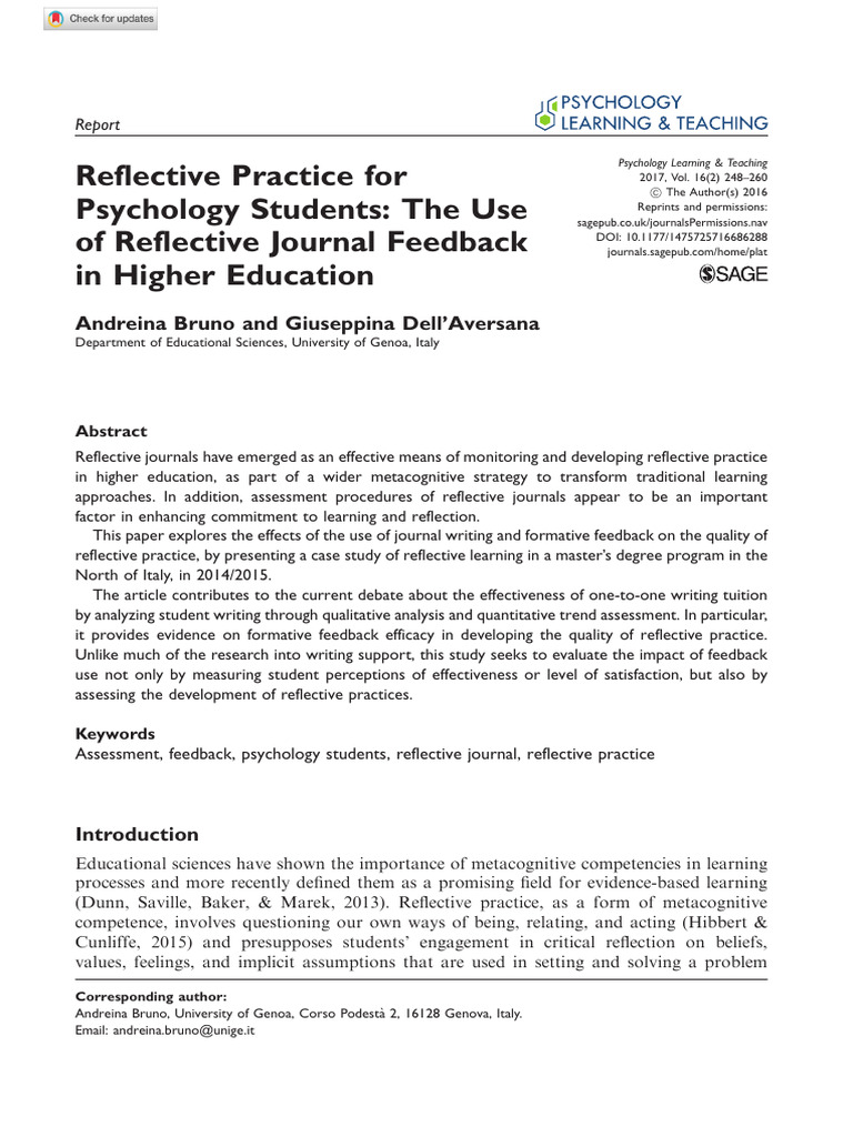 Bruno Dell Aversana 2016 Reflective Practice For Psychology Students The Use of Reflective ...