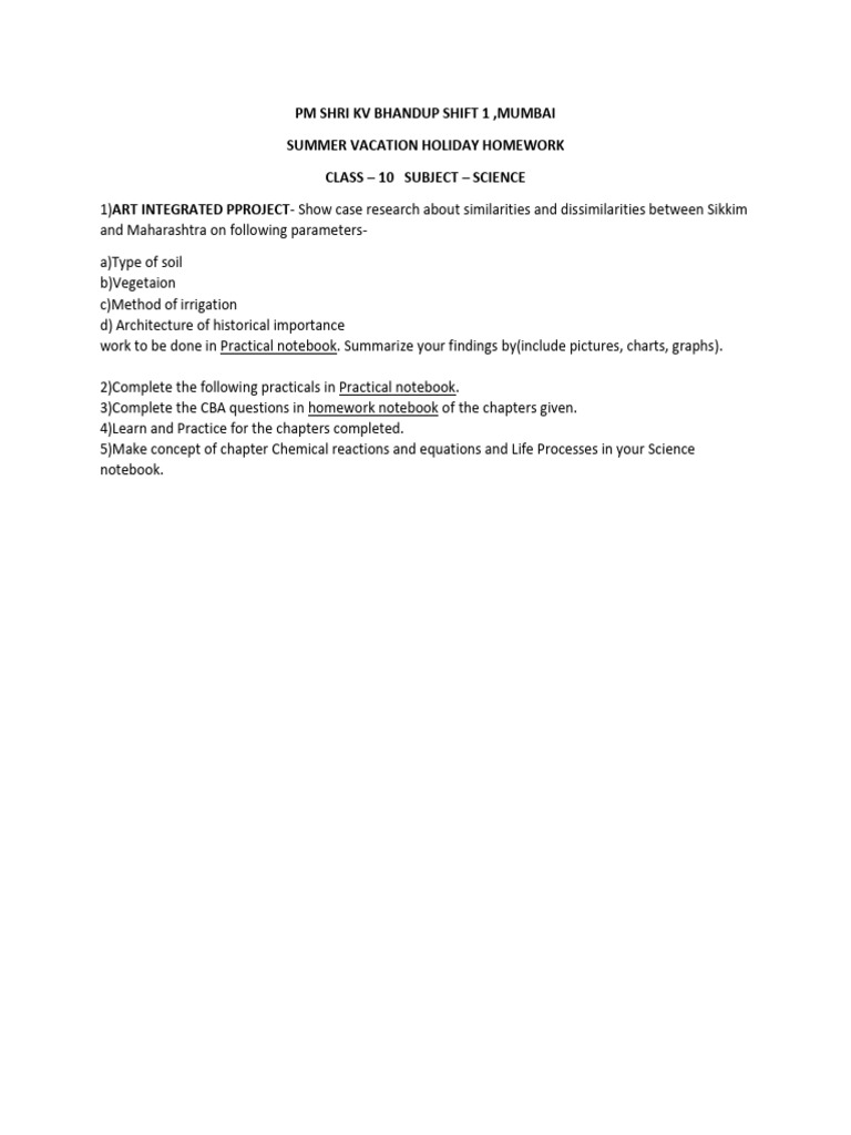 Holiday Homework Class 10-1 | PDF