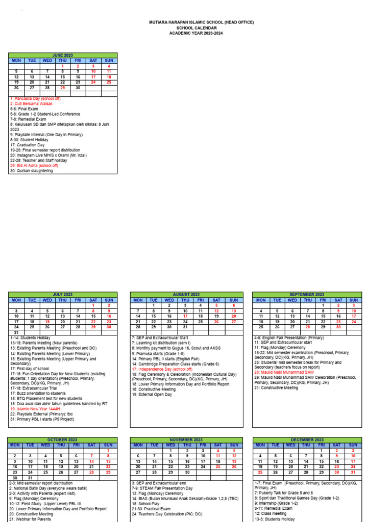 Primary School Calendar 2023-2024 (Head Office) | PDF | Academic Term ...