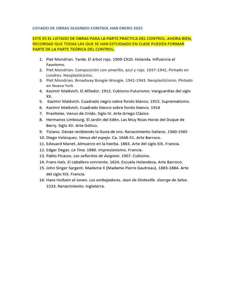 2024-25 Listado de Obras Segundo Control Har Enero | PDF