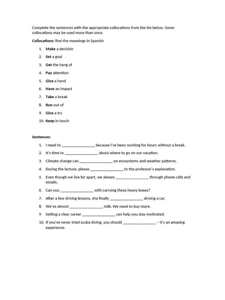 Collocations Practice Exercise | PDF