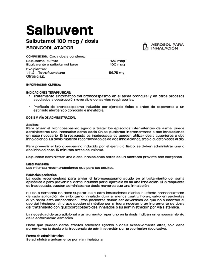 Ficha Tecnica de Salbuvent Aerosol para Inhalcion RD 15004 2023 | PDF