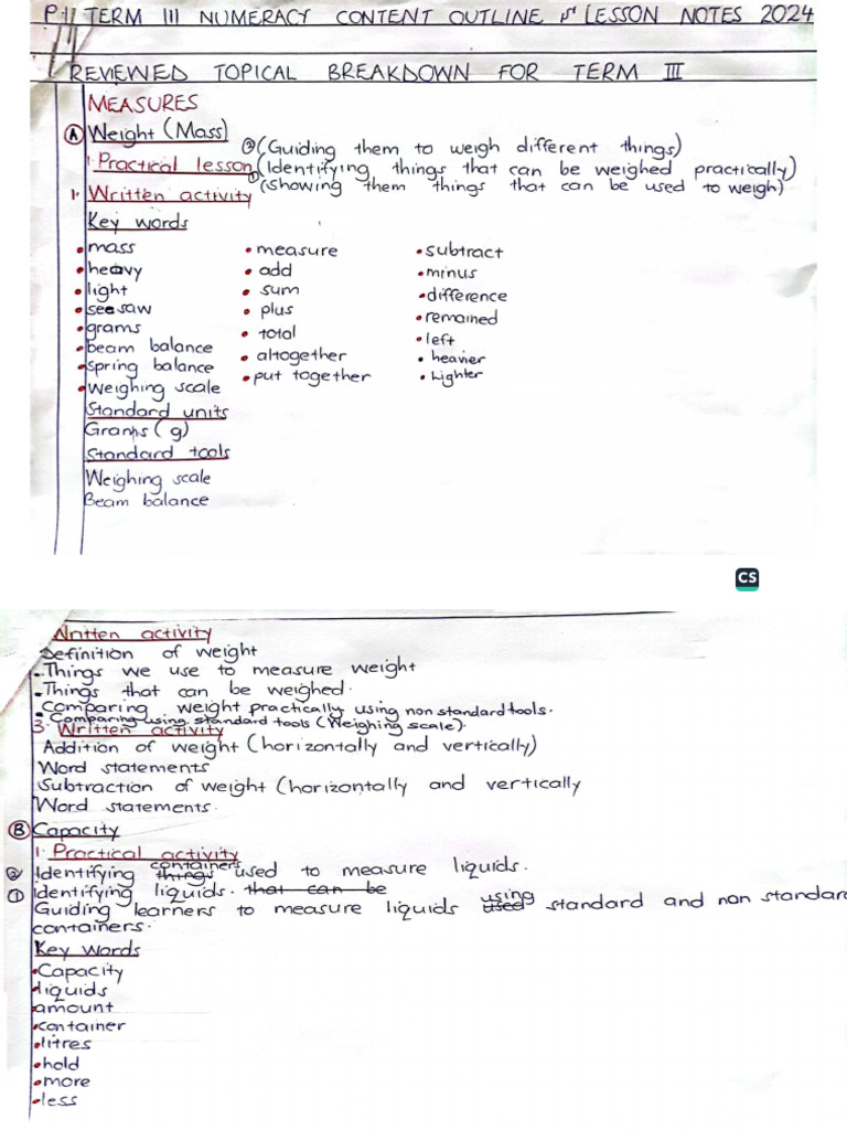 Primary One Lesson Notes Numeracy Term 3 | PDF