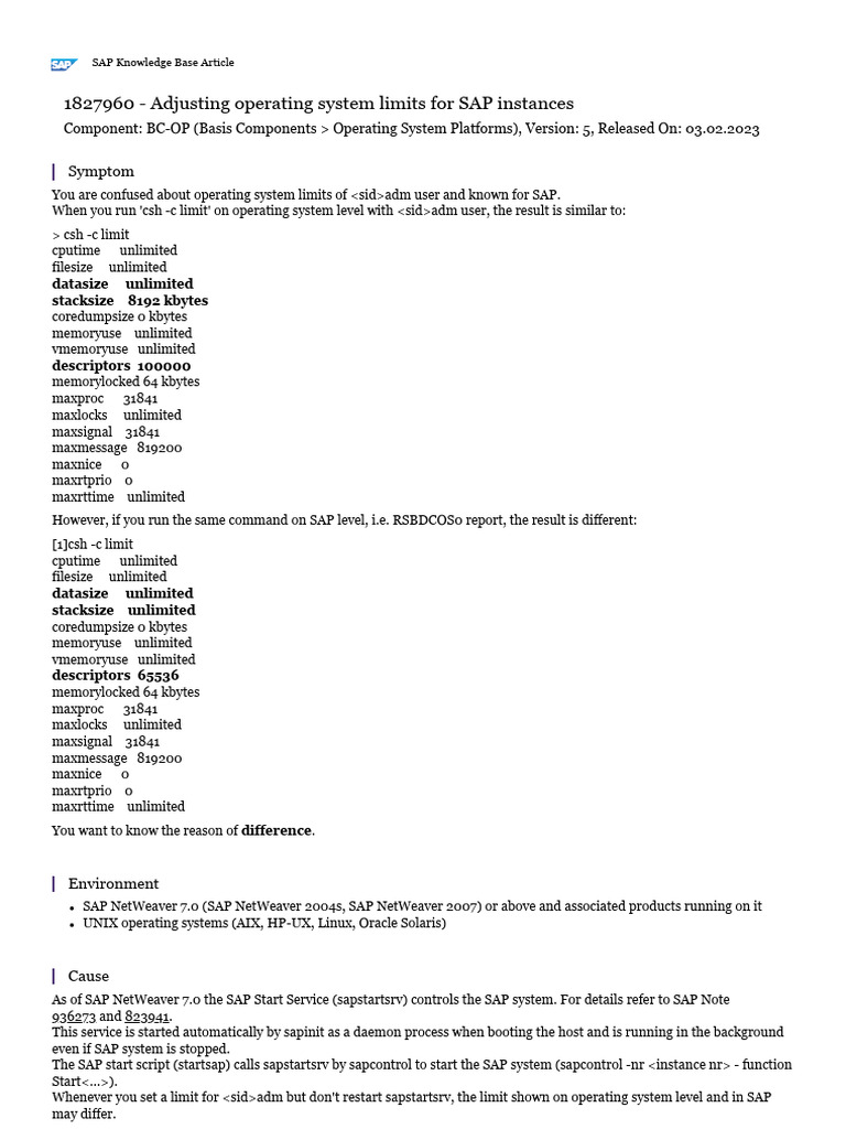 Note 1827960 - Adjusting Operating System Limits For SAP Instances | PDF | Operating System ...