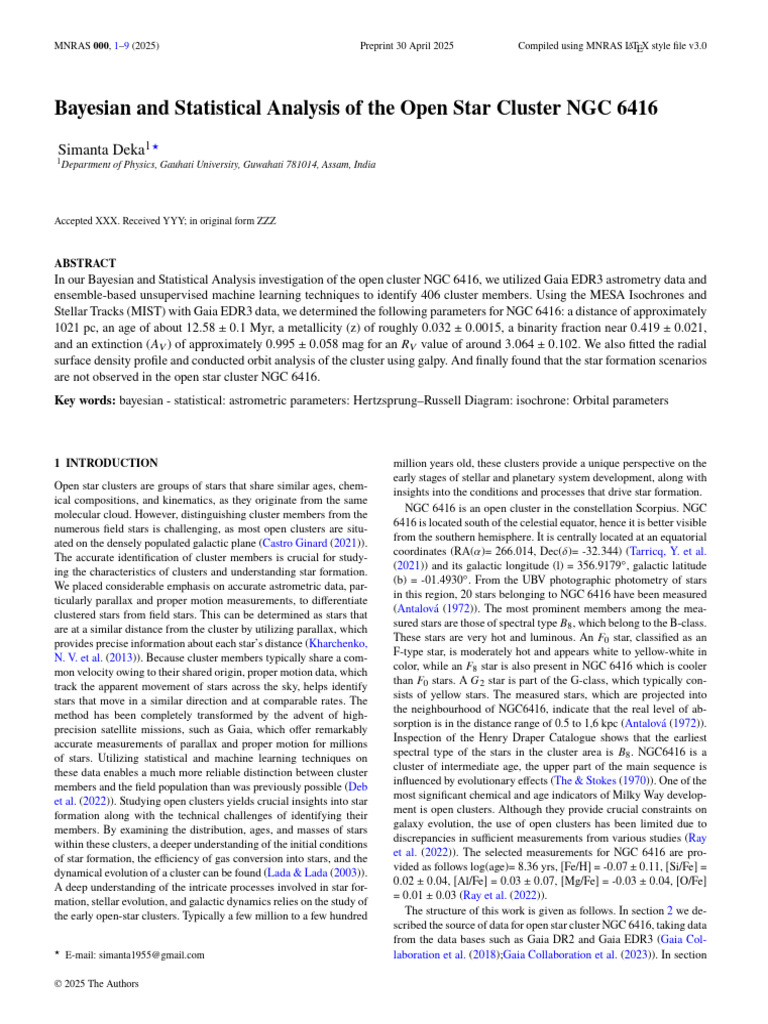 2025 Deka - Bayesian and Statistical Analysis of The Open Star Cluster NGC 6416 | PDF | Stars ...