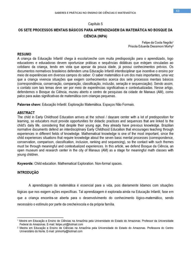 2020 OS SETE PROCESSOS MENTAIS BÁSICOS PARA APRENDIZAGEM DA MATEMÁTICA NO BOSQUE DA CIÊNCIA ...