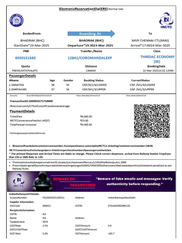 ERS for Bhadrak to Chennai Train Booking | PDF