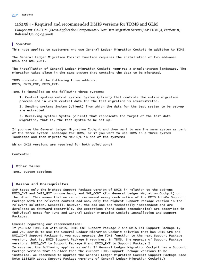 Note 1162584 - Required and Recommended DMIS Versions For TDMS and GLM | PDF | Information ...